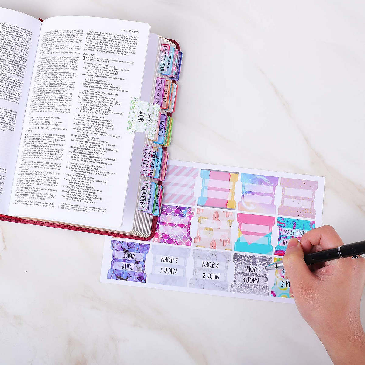 Colorful Floral Bible Tabs Laminated with Matte Film, Cute Bible tabs for Women and Girl, 90 Bible Index tabs in Total, 66 tabs for Old and New Testament, Additional 24 Blank tabs