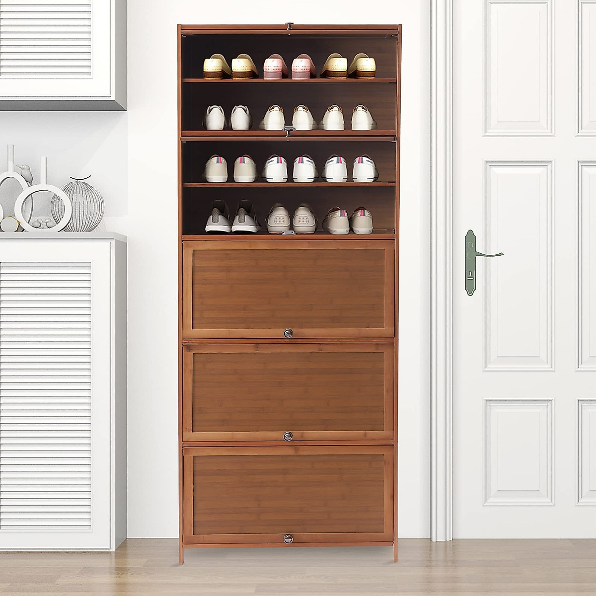 DreamRcoach 10 Tier Shoe Storage Cabinet, Bamboo Shoes Shelf Rack, Entryway Shoe Organizer Cabinet, Freestanding Shoe Rack for Entryway Office Living Room, Brown