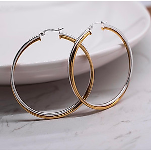 Sterling Silver Two-Tone Square-Tube Double Twisted 37mm Round Hoop Earrings