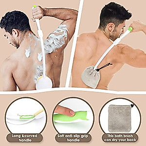 Back Shower Brush for Men and Women, Bath Brush with Quick Dry Wrap, 23.5" Foldable Extra Long Handle Curved Body Cleaning Back Scrubber, Suitable for Elderly,Disabled,Seniors,Pregnant - LYIGEOL