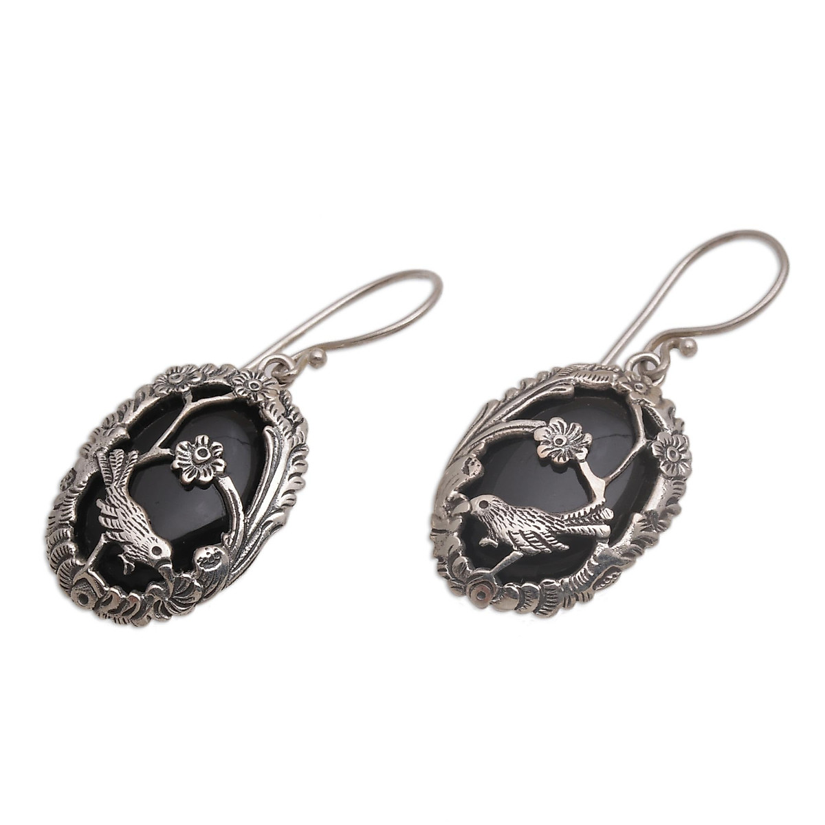NOVICA Artisan Handmade Onyx Dangle Earrings 925 Silver Birdthemed from Bali Sterling Indonesia Nature Floral Birthstone [1.5 in H x 0.7 in W x 0.2 in D] ' Avian Curiosity'
