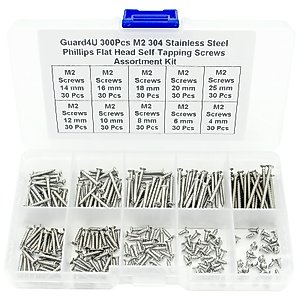 Guard4U 300Pcs M2 304 Stainless Steel Phillips Countersunk/Flat Head Self-Tapping Screws Assortment Kit- Wood Screws M2 x 4mm/ 6mm/ 8mm/ 10mm/ 12mm/ 14mm/ 16mm/ 18mm/ 20mm/ 25mm