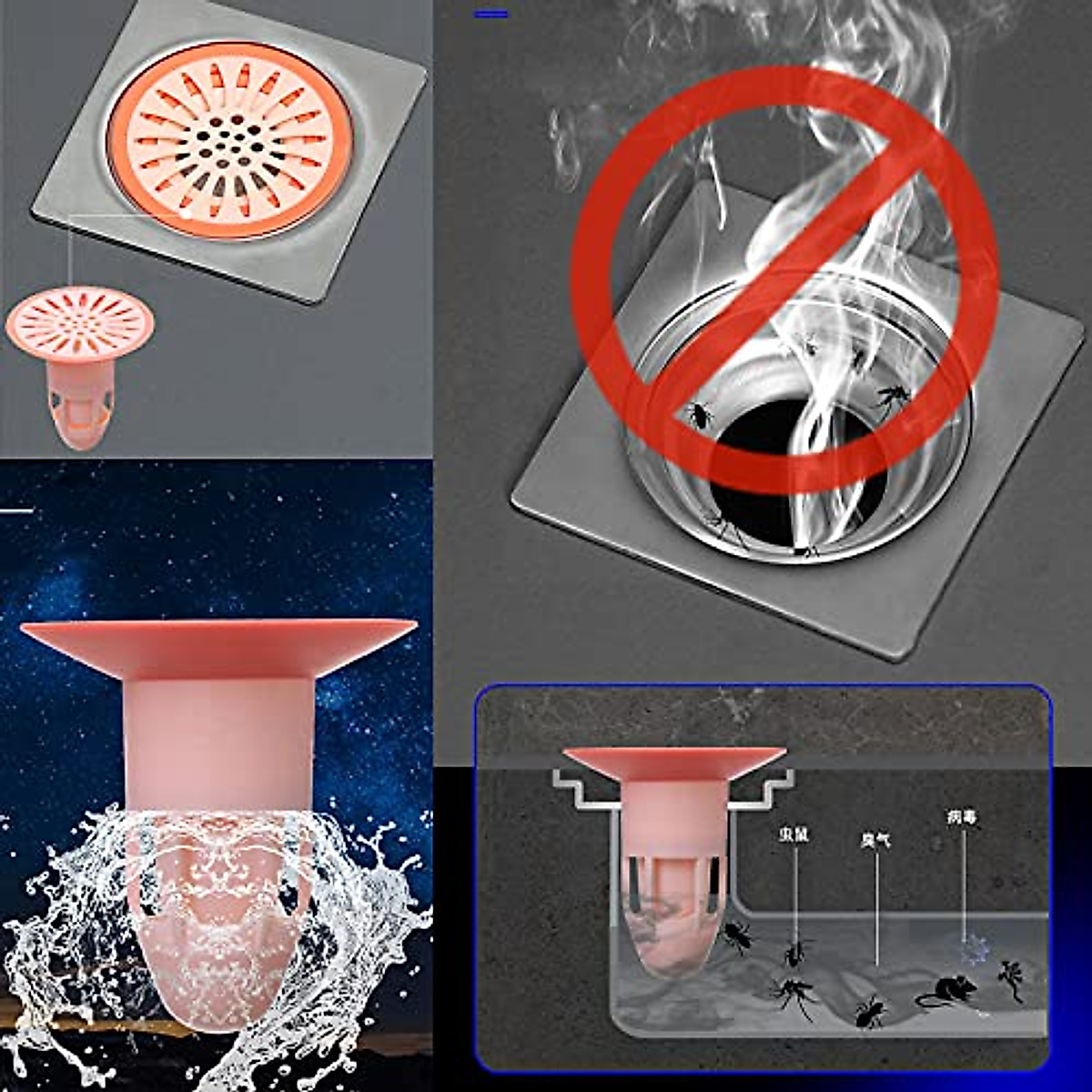 Shower Floor Drain Backflow Preventer Valve Sewer Core Drainage Insert Drain Plug Hair Catcher Gas Sealer Floor Strainer Trap Seal (Black-2Pack)