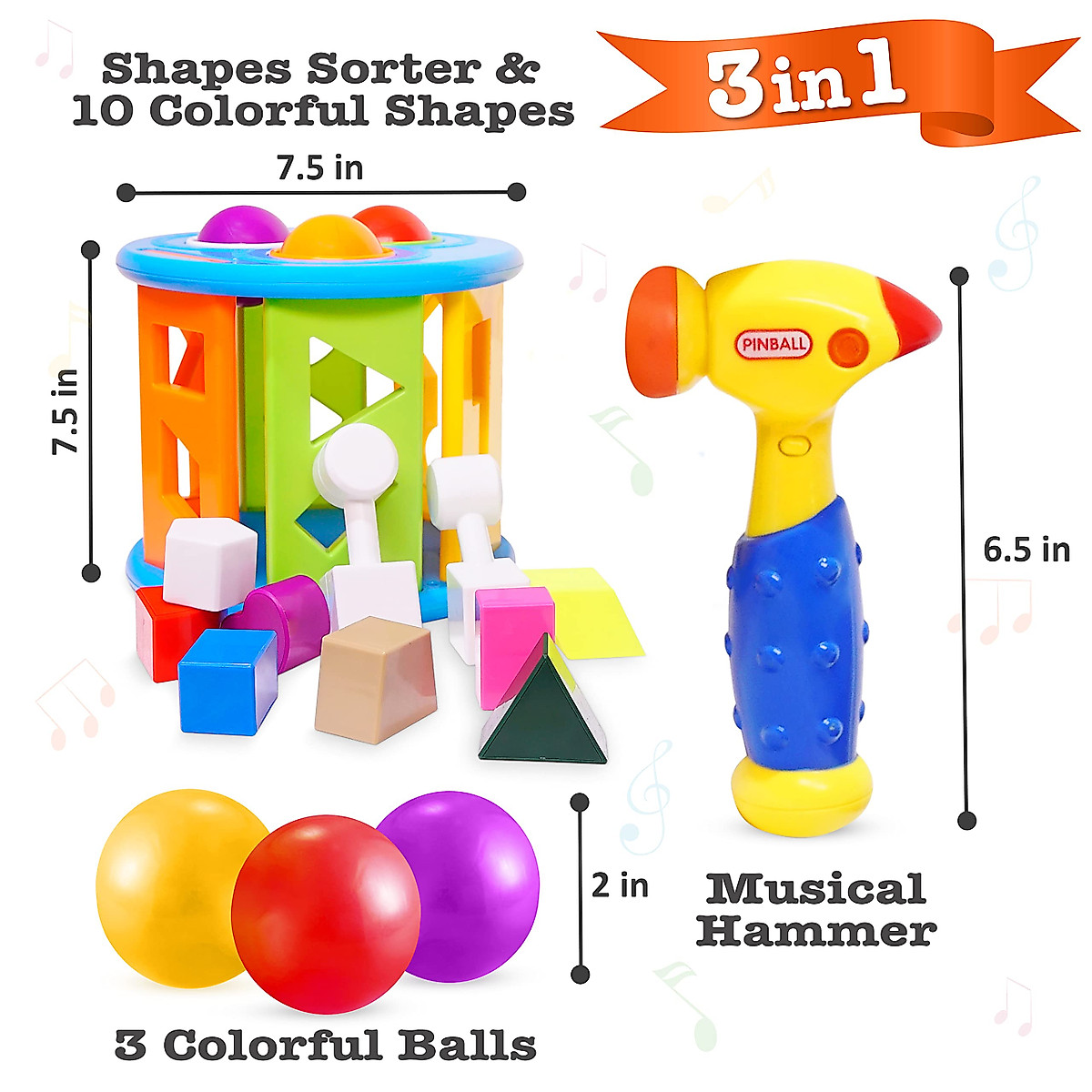 ODELA Match Roll Shape Sorter – Learning Toys with 10 Shaped Parts – Educational Toy with Three Balls and Musical Hammer – Help Your Kid Achieve Multiple Skills – Activity Cube Imagination Development
