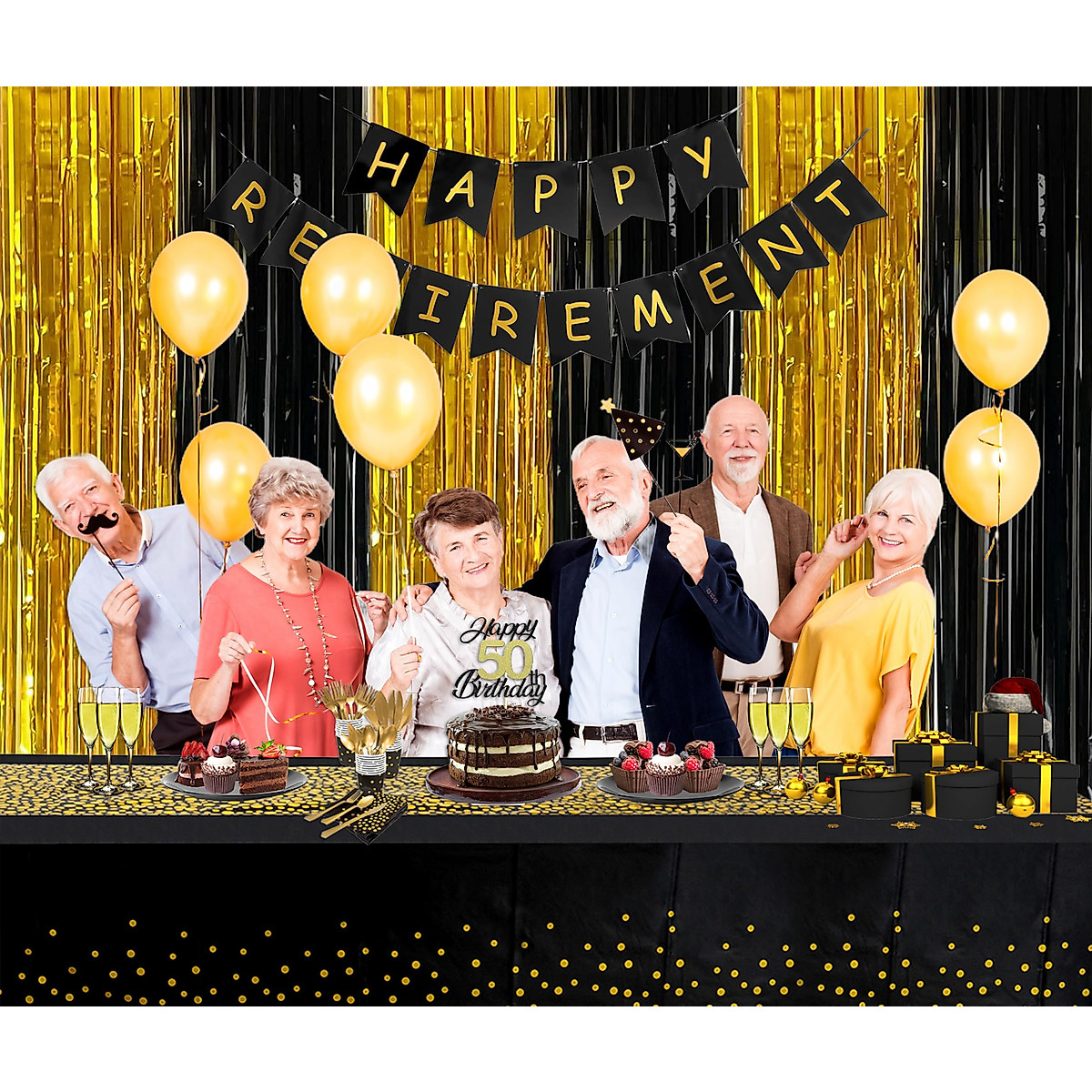 Melsan Disposable Table Cloth for Rectangle Tables, 3 Pack Black and Gold Plastic Table Cloths for Graduation, Retirement, 50th Birthday Party Decorations, 54×108 in