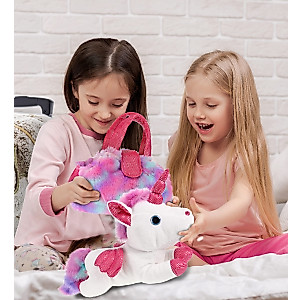 DolliBu Cotton Candy Pink Unicorn Plush Toy Pet Carrier - Cute Unicorn Stuffed Animal Pet Purse for Girls, Removable Sparkly White Unicorn Plush Toy in Fluffy Pink Handbag for Dress Up, Pretend Play