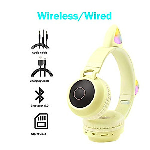 Viwind Kids Bluetooth Headphones,Wireless Over-Ear Headphones with Microphone,Cat Ear Headset with SD/TF Slot,Stereo Sound,Wireless & Wired Mode for Girls,Boys, Children,Teens, Student-Yellow