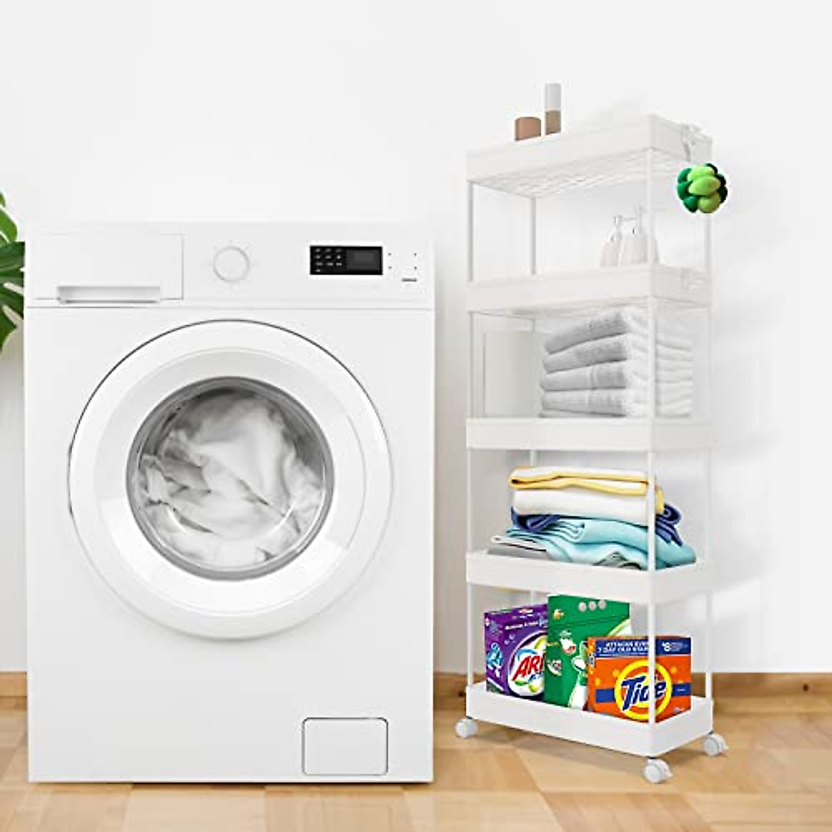 SPACEKEEPER 5-Tier Storage Cart, Bathroom Storage Organizer Rolling Utility Cart, Mobile Shelving Unit Slide Out Storage Shelves for Kitchen Living Room Bathroom Laundry Room & Dressers, White