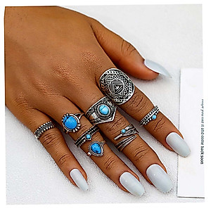 Barode Boho Turquoise Knuckle Vintage Feather Joint Knuckle Ring Set Stackable Midi Ring Set for Women(8PCS)