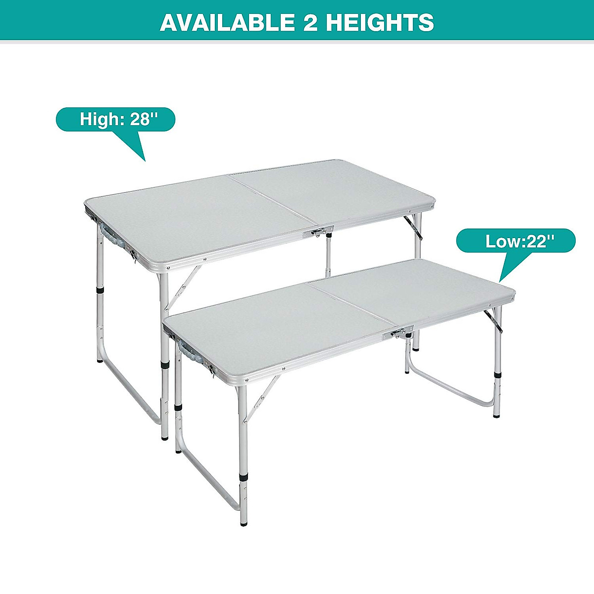 CAMPMOON Folding Camping Table 4 Foot, Lightweight Portable Aluminum Folding Table with Adjustable Legs, Great for Outdoor Cooking Picnic, White