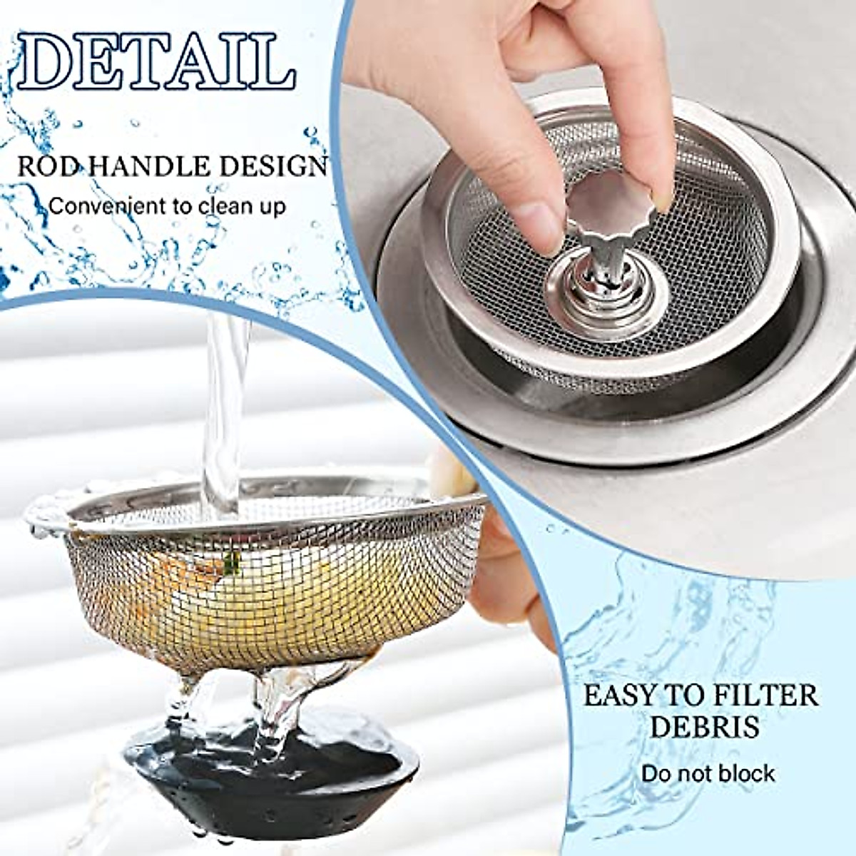 Kitchen Sink Strainer with Handle and Stopper Replacement Kitchen Sink Drain Basket/Stopper/Plug 3.3 Inch Stainless Steel Kitchen Sink Drain Strainer Mesh Sifter Filter(‎Silver)