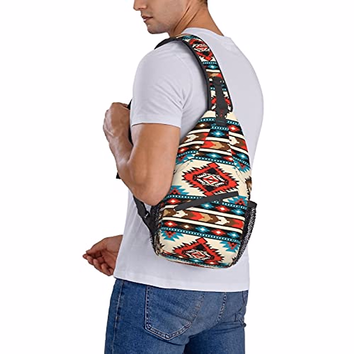 Tribal Aztec Geometric Pattern Sling Bag Crossbody Backpack Native American Ethnic Tribal Southwest Stripe Red Gym Travel Hiking Daypack Navajo Print Chest Bag Shoulder Bag for Women Men