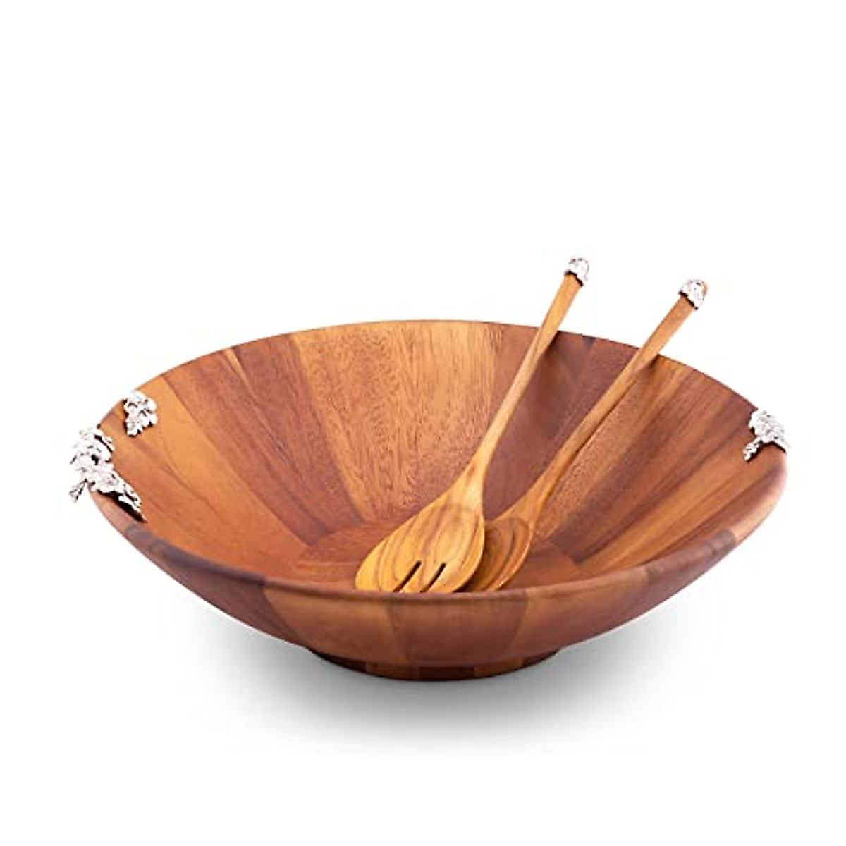 Vagabond House Wood Salad Bowl and Servers Lilacs Pattern 16 inch Diameter 4.5 inch Tall