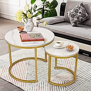 SMOOL Modern Nesting Coffee Table Set of 2 for Living Room Balcony Office, Round Wood Accent Side Coffee Tables with Sturdy Metal Frame, Easy Assembly(Marble)