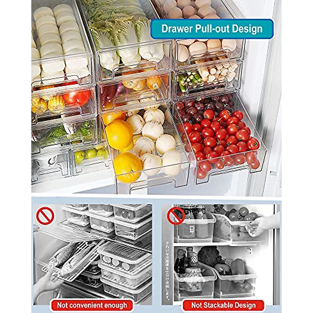 AYOTEE Refrigerator drawer organizer Fridge clear stackable drawers Organizer Bins stackable fridge storage bins drawers for Fridge,Freezers(LARGE)