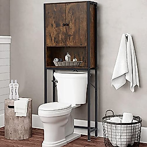 Elesuli Over The Toilet Storage Cabinet Space-Saving Bathroom Oragnizer Shelf Toilet Storage Rack Double Door Bathroom Storage Organizer Toilet Rack with Adjustable Feet