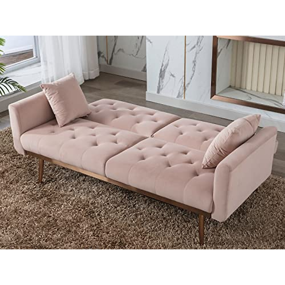 Velvet Futon Sofa Bed,Convertible Sofa Bed with Adjustable Backrest, Modern LoveSeat Sofa Couch for Living Room,Bedroom,Office（Pink）