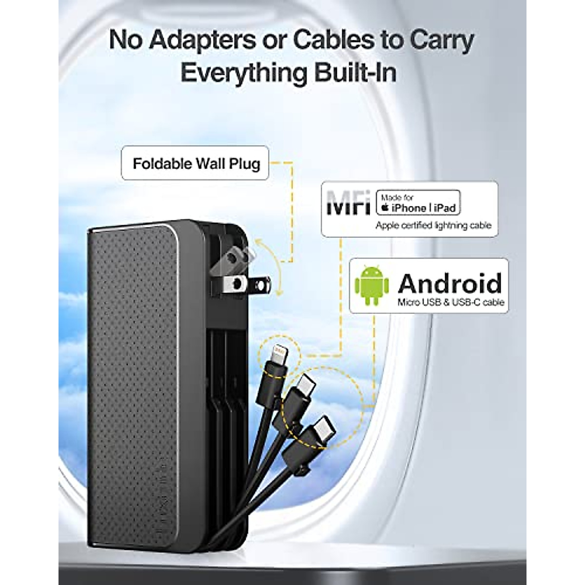 Luxtude Portable Phone Charger Built-in Wall Plug, 10000mAh Power Bank with Cables【iPhone Lightning & USB C & Micro】, Travel Fast Charge External Battery Pack for iPhone, iPad, Android, Samsung etc.