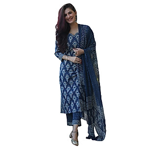 Amayra Women's Rayon Printed Straight Kurti with Palazzos and Dupatta Set(Blue,M)