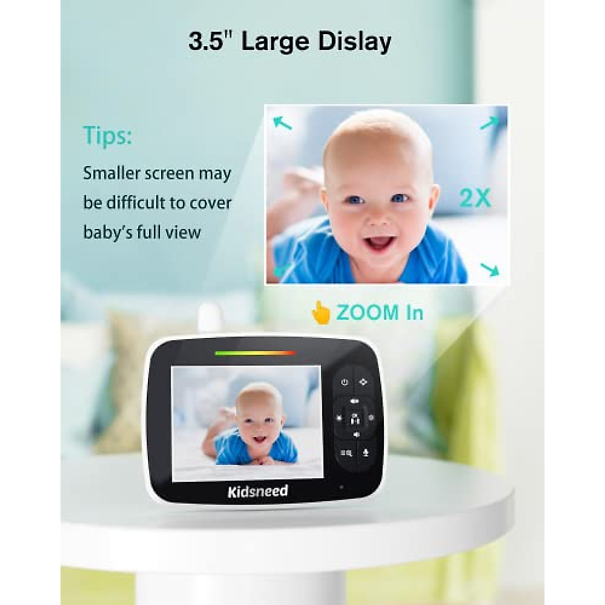 Kidsneed Baby Monitor - 3.5" Screen Video Baby Monitor with Camera and Audio - Remote Pan-Tilt-Zoom, Night Vision, VOX Mode, Temperature Monitoring, Lullabies, 2-Way Talk, 960ft Range