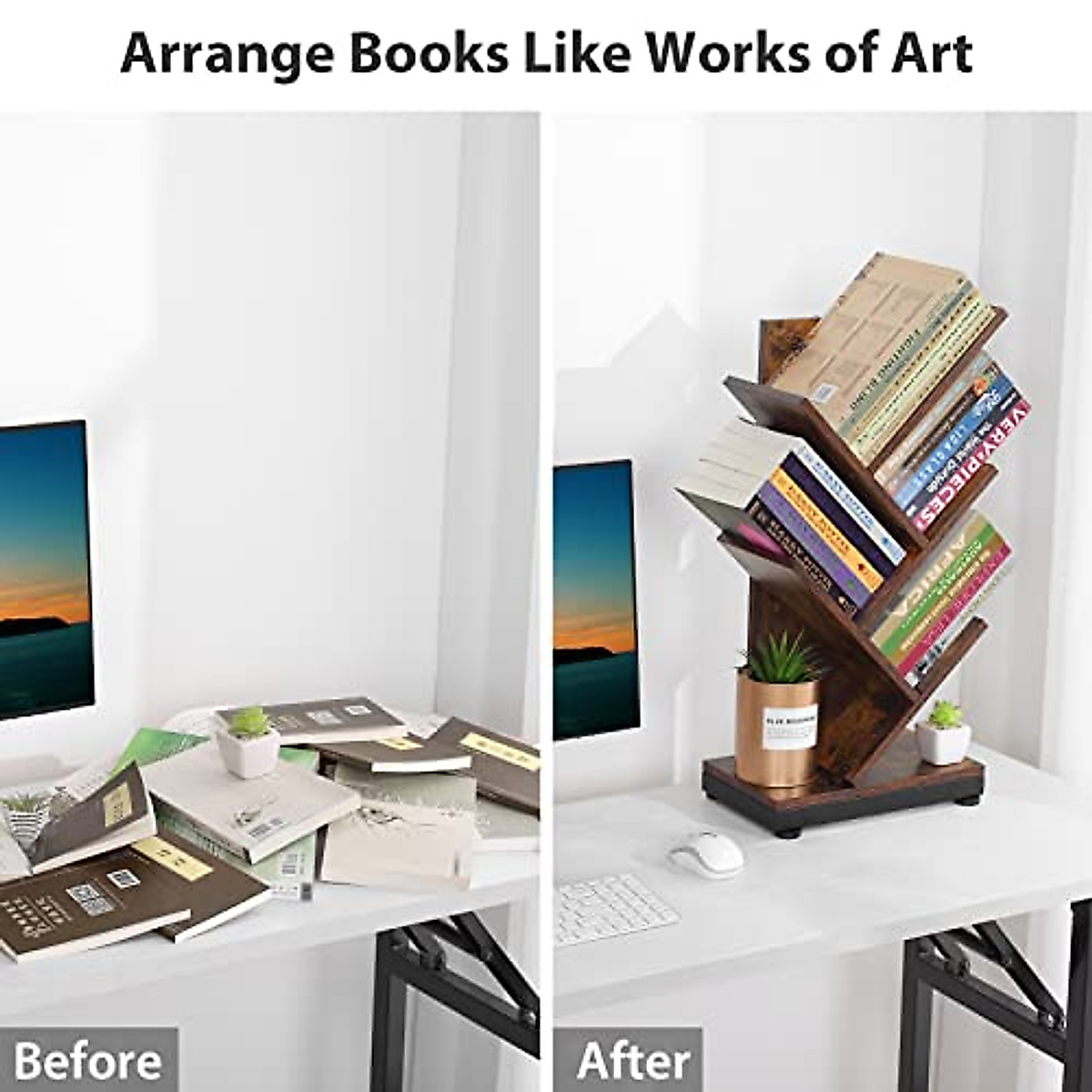 ruboka 4-Shelf Tree Bookshelf, 24.1-Inch Retro Floor Standing Bookcase Display for CDs/Magazine/Books, Small Bookshelf for Bedroom, Living Room, Office,Balcony, Brown Storage Shelves DESK51A