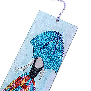 Diamond Painting Bookmarks Kits Balley Girl in Rain Umbrella Tassel Bookmark Art Craft 5D Special Shaped Crystal Rhinestones Bookmark for Kids Adults Beginner Students Gift (21x6cm)