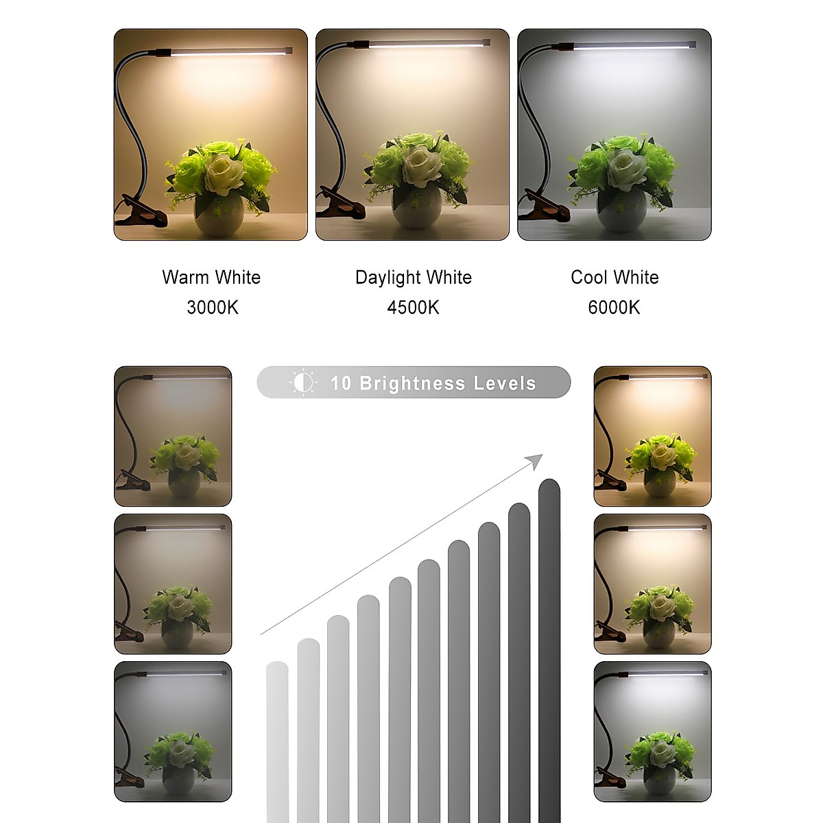 LED Desk Lamp Dimmable Eye Care Reading Light 3 Color Changing 10-Level Brightness Mental Flex Clamp Lamp Clip On Light LED Table Light (Black)