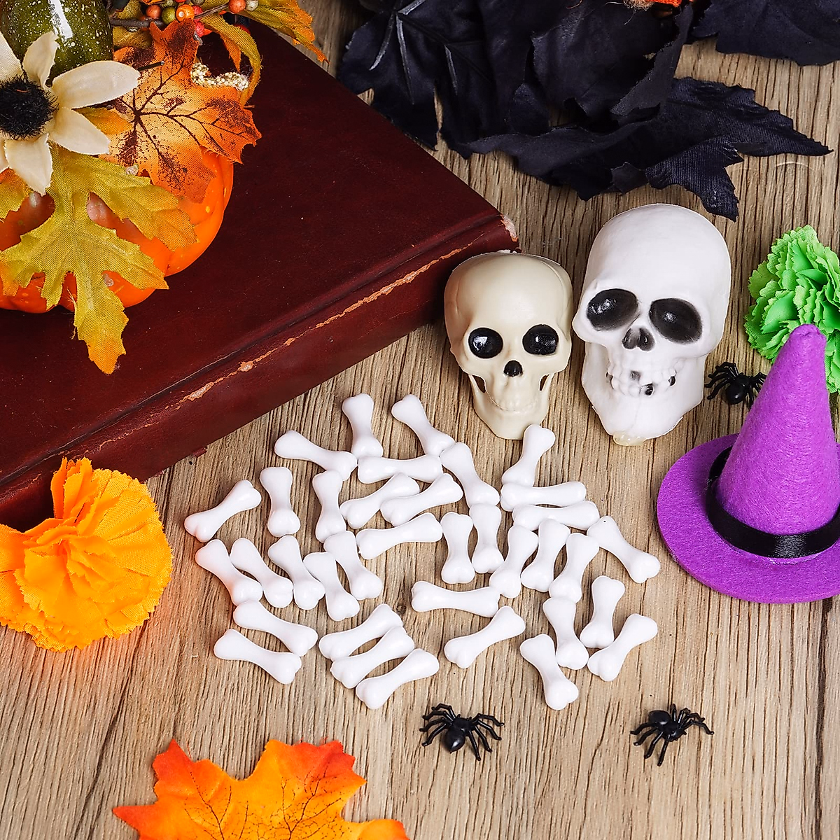 mifengda 120pcs Halloween Skeleton Bones Mini White Plastic Bones Halloween Skeleton Bones Decoration Mini Bones for Crafts Halloween Party Props Decoration (Bone)