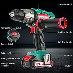 Cordless Hammer Drill Driver 18V, HYCHIKA 400 In-lbs Torque Power Drill with Auxiliary Handle, 1/2” Metal Chuck, 2.0Ah Battery, 1H Fast Charger, 21+3 Clutch, LED Light for Drilling Wood Metal Wall