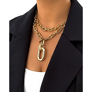 MJartoria Gold Layered Necklaces for Women Trendy Retro OT Buckle Pendant Necklace Chunky Link Paper Clip Chain Pendant Necklaces for Jewelry Birthday Gifts