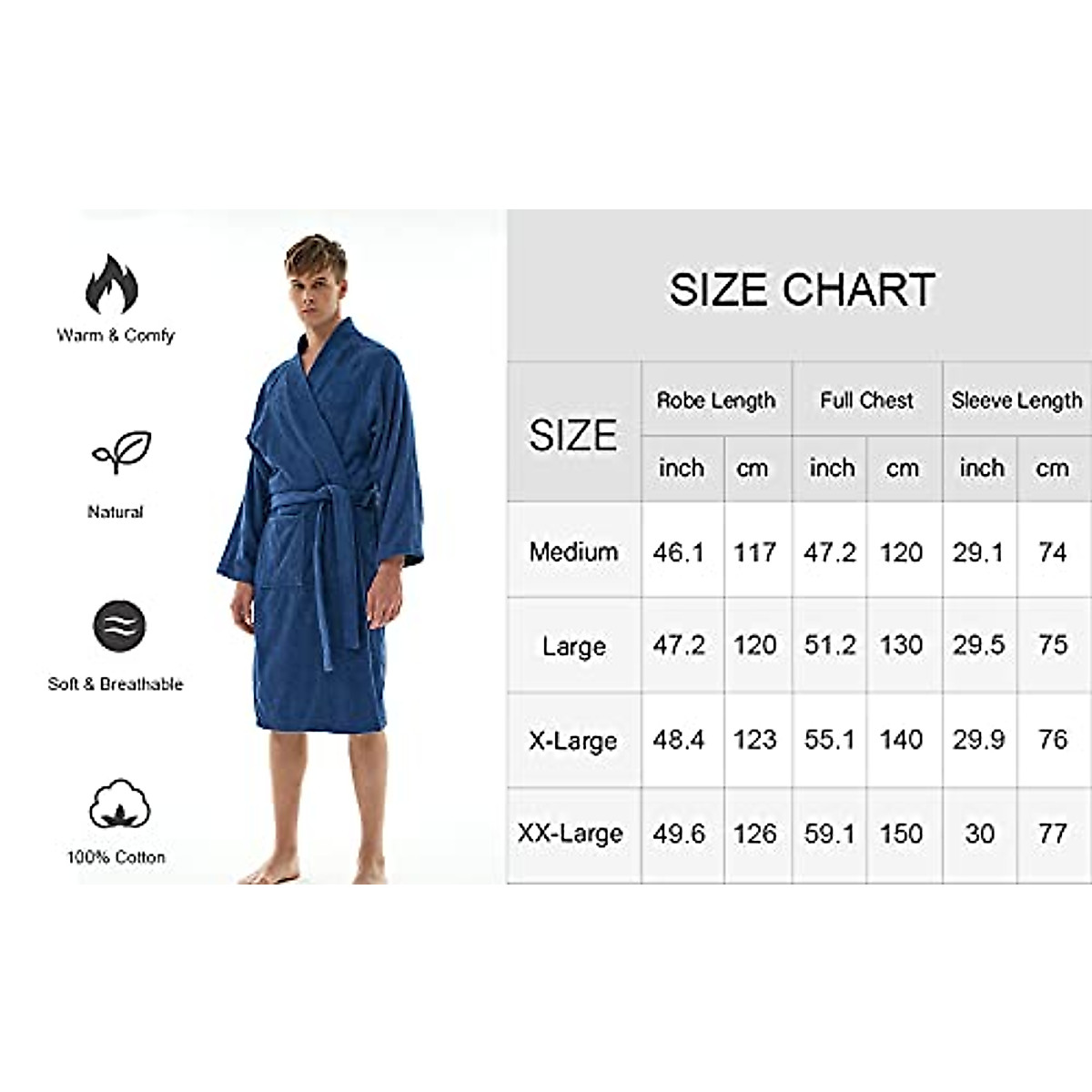 Ghui Terry Bathrobe Men,100% Cotton Terry Cloth Robes with Kimono Collar ,Thick Plush Towel Robe, Navy, XX-Large-3X-Large