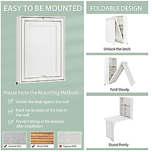IFANNY Folding Wall Mounted Desk, Fold Down Desk with Storage Shelves, Wood Convertible Desk for Small Spaces, Murphy Desk Wall Mount, Floating Desk for Home Office (White)