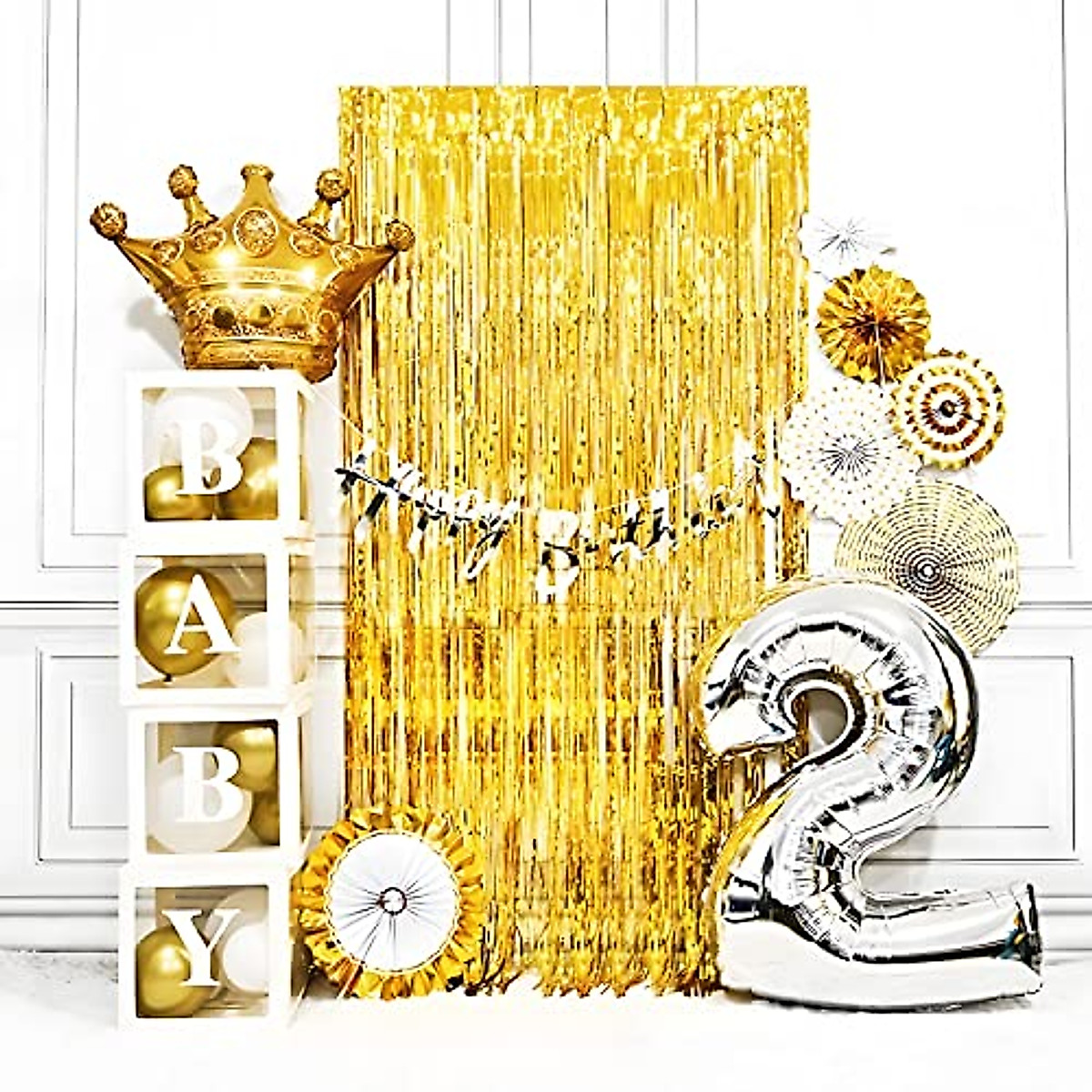 BRAVESHINE Gold Glitter Tinsel Foil Fringe Curtains - 2Pcs 3.2x8.2ft Holiday Photo Backdrop for Birthday Graduation Wedding Bridal Bachelorette Baby Shower Tropical Hawaiian Luau Party Decorations