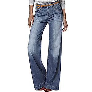 Flamingals Wide Leg Jeans for Women Stretch Mid Waist Baggy Jeans Boot Cut Jeans Denim Pants Without Belt Mid Blue XL