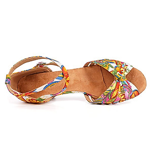 JUODVMP Women's Latin Salsa Shoes Colorful Print Satin Cross-strap 4 inch heel Ballroom Heels,9US