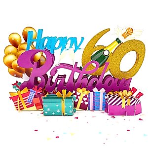Liif Happy 60Th Birthday 3D Greeting Pop Up Card, Happy Birthday Card For Women, Men, Funny, 60 Years Old, Balloon, Champagne, Celebration - With 60 Gold Glitter & Message Note