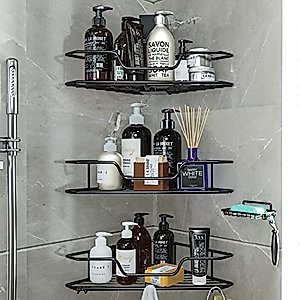 3 Pack Corner-Shower-Caddy with Soap Holder, Bathroom-Organizer Corner Adhesive-Shower-Shelf for Inside Shower-Basket-Rack, Rustproof Shower-Organizer-Storage for Bathroom Dorm-Room-Accessories-Black