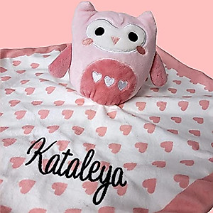 SONA G DESIGNS Baby Lovey Custom Personalized with Name Plush Security Blanket - Narwhale - Elephant - Owl for Infants Babies Toddlers Newborns (Pink Owl with Embroidered Name)
