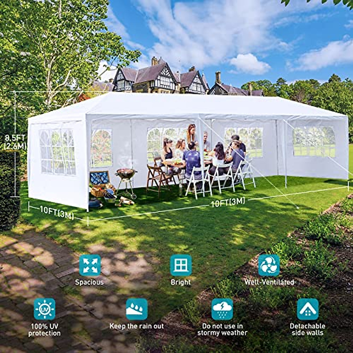 10'x30' Party Tent, Outdoor Tents for Parties, Wedding and Birthday, White Large Canopy Tent with 5 Removable Sidewalls & Transparent Windows, Outside Gazebo Event Tent for Garden, Patio and Backyard