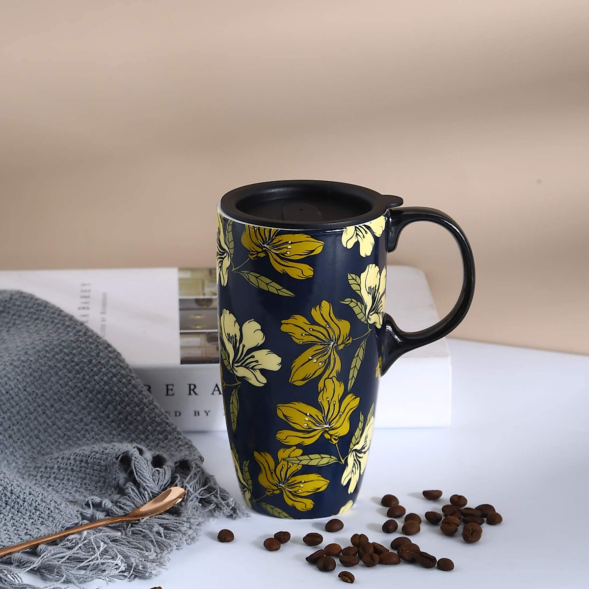 TZSSP Coffee Ceramic Mug Porcelain Latte Tea Cup With Lid 17oz. Yellow