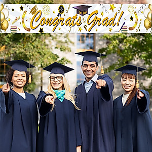 HOWAF Long Congrats Grad Fabric Banner for 2022 Graduation Party Decoration Gold and White, Graduation Banner Decoration Graduation Commencement Decoration of Table Wall Room Outdoor, with String
