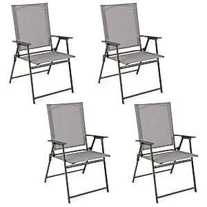 Giantex Patio Folding Chairs Set of 4, Outdoor Lawn Chairs with Rustproof Metal Frame, Portable Dining Chairs for Porch, Deck, Garden, Backyard, Camping, Gray