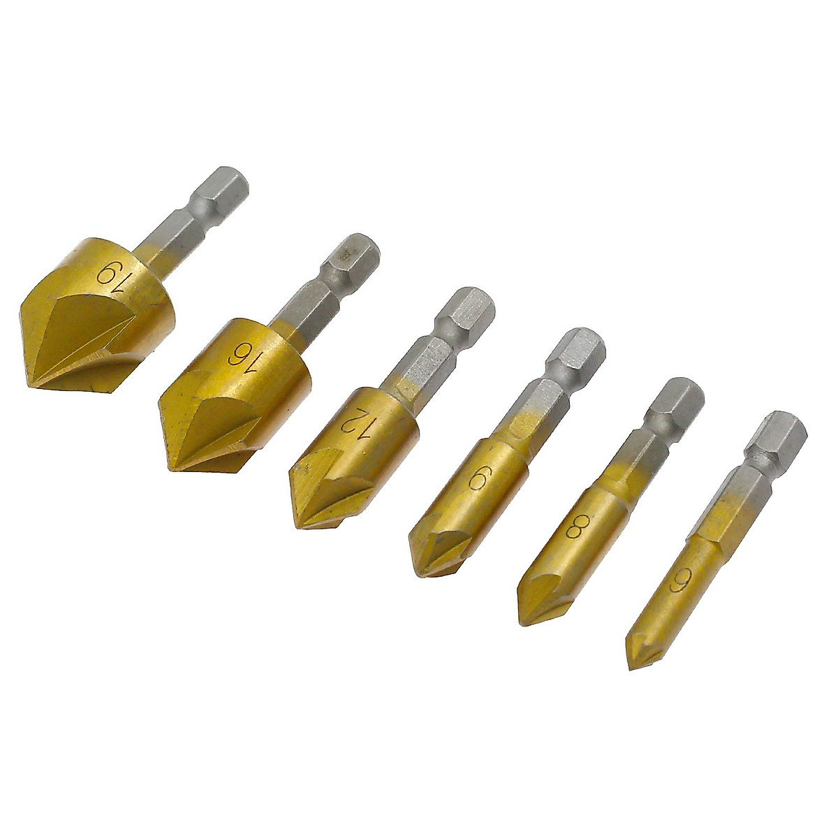 Bonsicoky Countersink Drill Bit Set 6 Pcs, 1/4 Inch Hex Shank 5 Flute 90 Degree Center Punch Tool Sets, Carbide Counter Sinker Drill Bits for Wood Quick Change Bit (6mm-19mm)