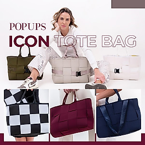 POPUPS Interwoven Large Neoprene Foldable Tote Bag, Weekender Bag for Women - Travel Crossbody Purse - Secure to Carry On, Luggage (Berry)