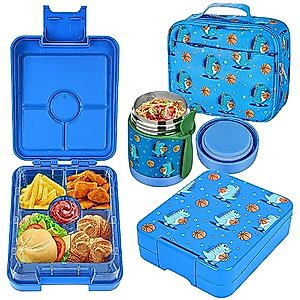 Bento Lunch Box Set for Kids with 10oz Soup Thermo, Leak-Proof Lunch Containers with 4 Compartment, Kids Thermo Hot Food Jar and Insulated Lunch Bag for Kids to School,BPA-Free(Basketball)