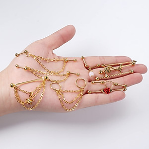 Sanfenly Industrial Piercing Jewelry 14G 16G Stainless Steel Industrial Earrings with Chain Dangle Industrial Piercing Bar Double Cartilage Helix Piercing Earrings Industrial Barbell for Women Men