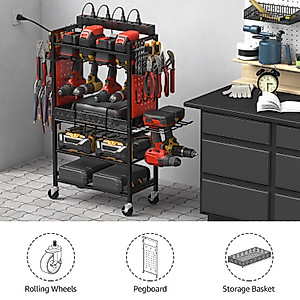 CCCEI Power Tool Organizer Cart with Charging Station, Garage Floor Rolling Storage Cart on Wheels for Mechanic, Mobile 6 Drill, Tool Box Utility Cart with Battery Charging Power Strip, Red.