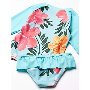 uideazone Toddler Girls Rash Guard 2 Piece Set 3T 4T Bathing Suit Long Sleeve Floral Print Swimsui Set UPF 50+ UV Sun Protection,3-4Y Blue-Flower