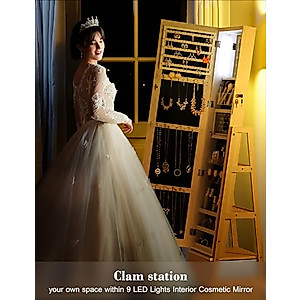 Nicetree 360° Swivel Jewelry Cabinet with Lights, Touch Screen Vanity Mirror, Rotatable Full Length Mirror with Jewelry Storage, Standing Jewelry Armoire Organizer, Foldable Makeup Shelf, White