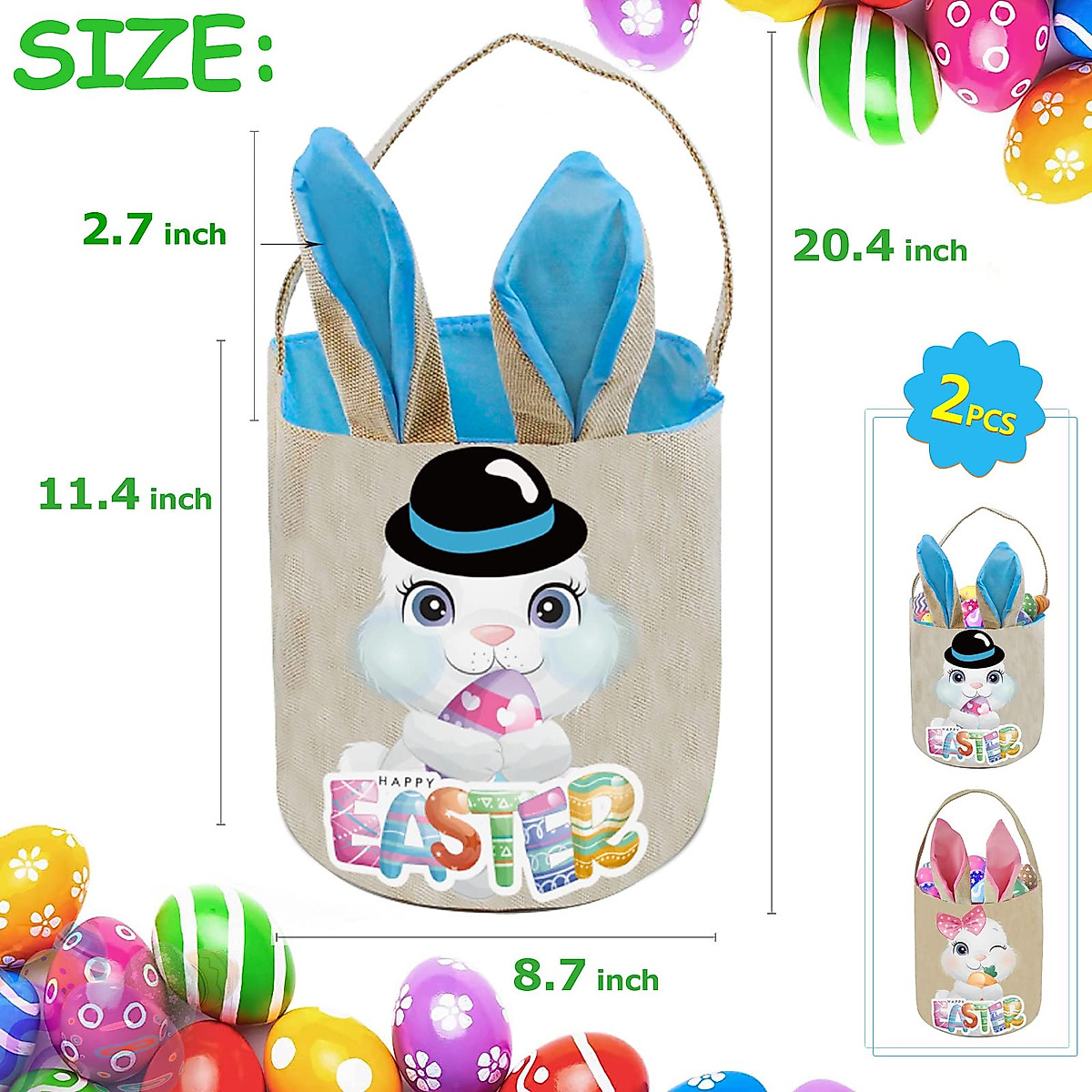Easter Bunny Basket for Kids, 2 Pack Easter Baskets with Ears Stand Up, Personalized Bunny Burlap Bag Easter Basket Stuffers for Girls Boys Kids Easter Party Egg Hunts Gifts Mothers Day Gifts